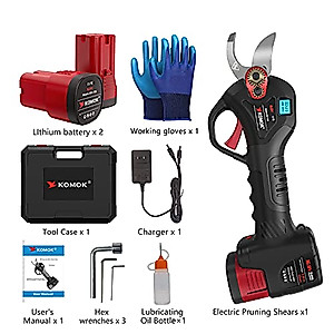 KOMOK Cordless Electric Pruning Shears with LED, 2 Rechargeable Battery Powered Tree Pruner Fruit Tree Branches Cutter, 25mm/1" Cutting Diameter, 6-8 Working Hours Good for Arthritis Hands