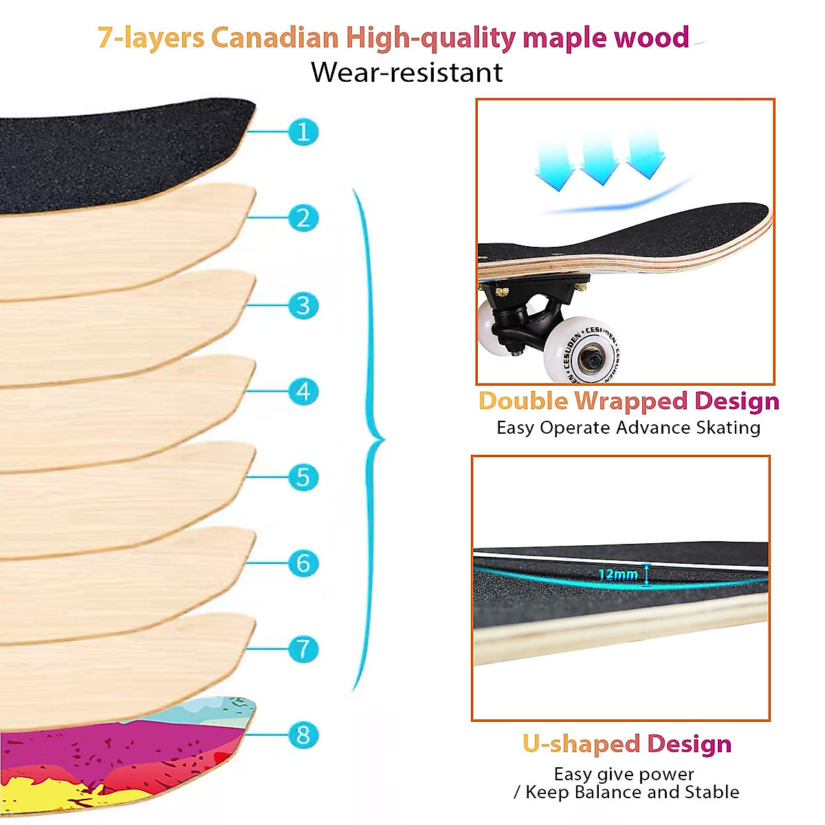 ANDRIMAX Skateboards-Complete Skateboards for Beginners Kids Boys Girls Adults Youth-Standard Skateboards 31’’x8’’ with 7 Lays Maple Deck Pro Skateboards, Longboard Skate Boards (Graffiti)