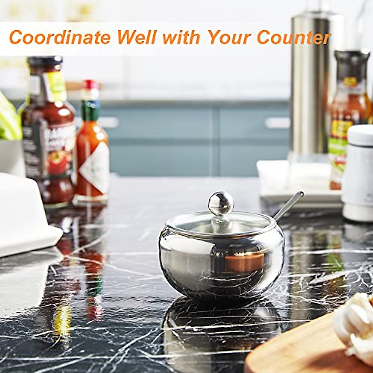 Bivvclaz Stainless Steel Sugar Bowl with Lid and Spoon, 10 oz Sugar Container with Spoon, Sugar Dispenser Bowl for Coffee, Small Condiment Container for Salt, Spices