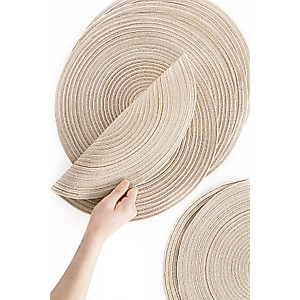 Floroom 15 Inch Round Braided Placemats Set of 4, Washable Heat Resistant Cotton Polyester Circle Place Mats for Kitchen Dining Table - Canvas Beige