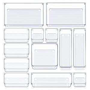 13 Pcs Drawer Organizer Set Clear Plastic Storage Bins Office Desk Drawer Dividers Trays with Non-Slip Silicone Pads, Dresser Separation Box for Makeup, Jewelries and Gadgets, Bedroom, Bathroom