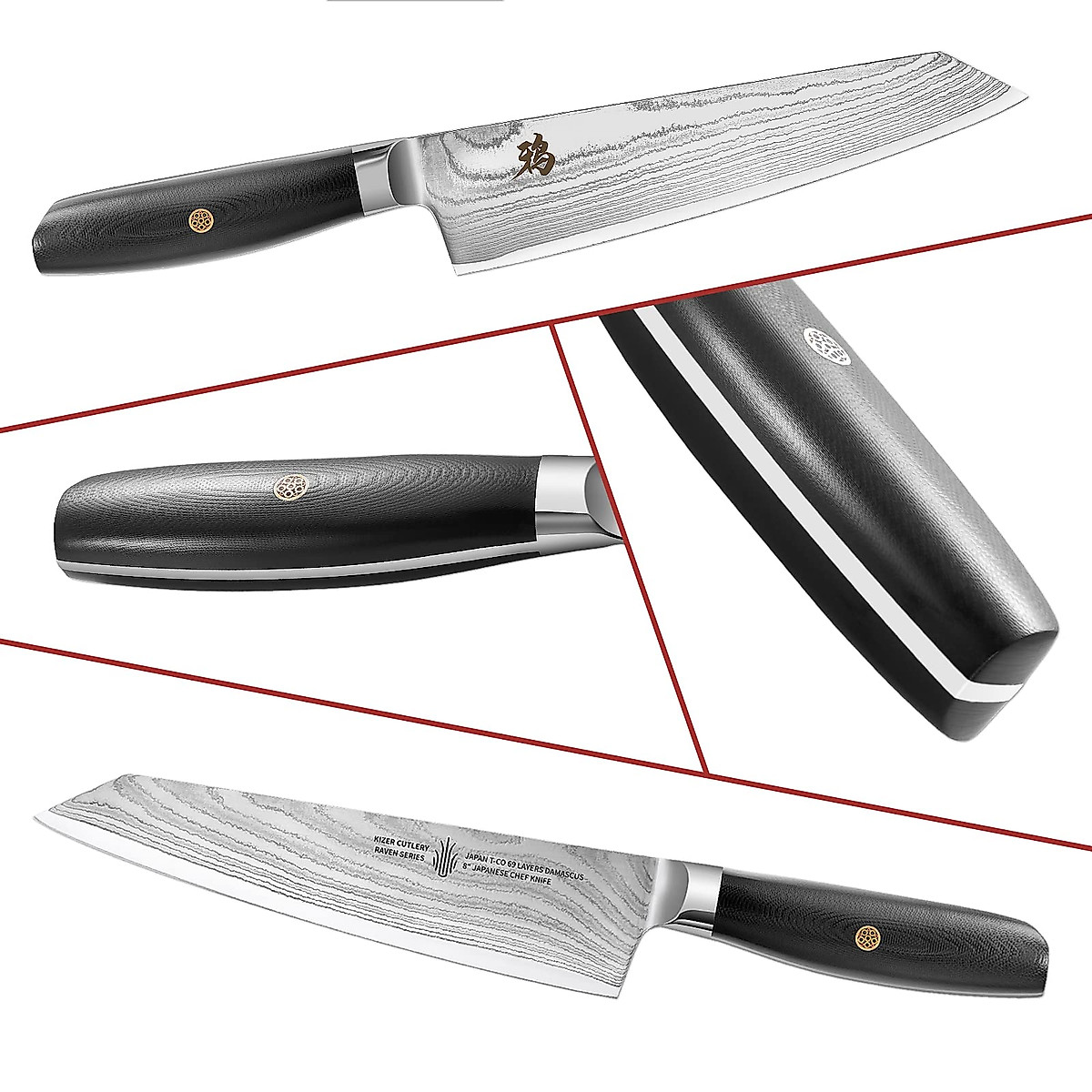 Mojave Outdoor 8 Inch Damascus Chef Knife Japanese T-CO 69 Layers Damascus Steel Blade Kitchen Cooking Kiritsuke Knives Raven Series RE0801T