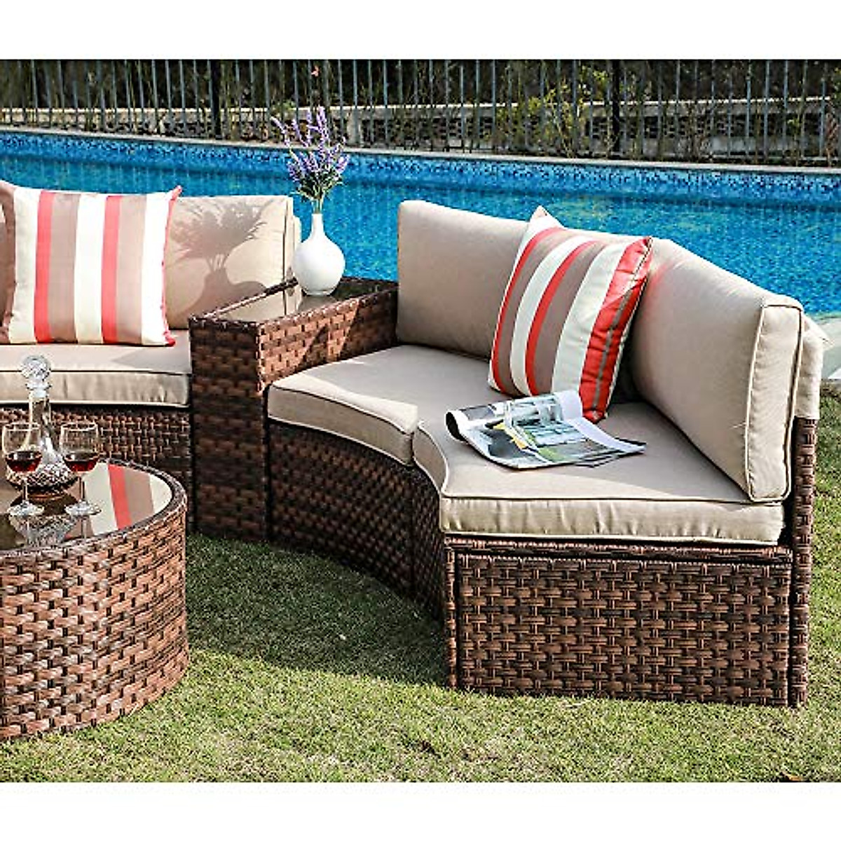 SUNSITT Outdoor Patio 9-Piece Half Moon Curved Furniture Sofa Set Brown Wicker Sectional Sofa Beige Cushions with 2 Side Table and 4 Pillows