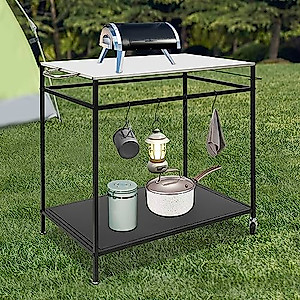CNCEST Outdoor Grill Cart, Double-Shelf Movable Cooking Table, Outdoor Dining Cart with Storage and on Wheels, Stainless Steel Tray Kitchen BBQ Food Prep Table for Grill,Dining Cart Table-Silvery