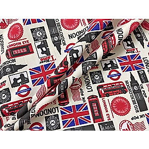 AMORNPHAN 45 Inch London British Big Ben Bus Great England United Kingdom UK England Flag Country Printed Cotton Fabric for Patchwork Needlework DIY Handmade Sewing Crafting Home Decoration For 1 Yard