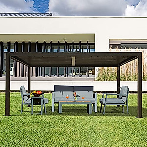 Domi Outdoor Living 10’ X 13’ Outdoor Louvered Pergola Aluminum Patio Garden Gazebo with Adjustable Roof for Backyard, Garden w/Curtains and Netting (Dark Brown)