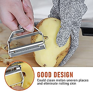 RIUIOUGA Stainless Steel Double Sided Vegetable Peeler with Cut Resistant Gloves - Multifunctional Carrot Shredder Fruit Peeler, Portable Kitchen Peeler for Shredding, Peeling and Slitting