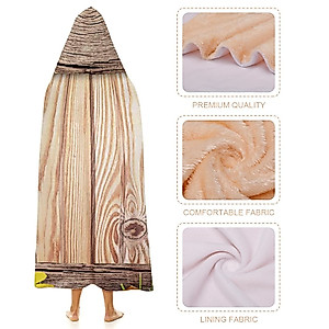 Warm Blanket, Wooden Wearable Hooded Blanket for Adults, Fence Garden Yard Summer Spring Daisy Flowers, Soft Warm Cozy, 60 x 80inches, Studying Reading Snuggling Napping Office, Brown Green Yellow