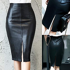 RAMISU Faux Leather Pencil Skirt High Waist Split Lady's Half Body Midi Hip Skirt 8017 M Black