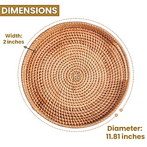 HOMESSENT Round Rattan Tray 11.81x 2.4 Inches -Natural Rustic & Sturdy Wicker Tray with Cut-Out Handles - Hand Woven Tray for Storage & Decoration – Basket Tray for Serving Coffee, Fruits & Drinks