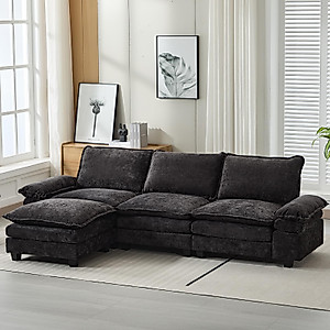 DRMBOOK 108.7'' Convertible Sectional Sofa Couch, Modern L-Shaped Modular Cloud Couches with Adjustable Armrest, 3 Seat Upholstered Sofa Set with Ottoman for Living Room Apartment Office, Black