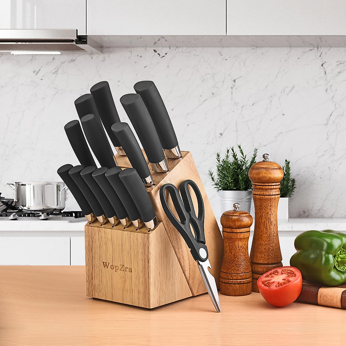Kitchen Knife Set Non Stick Knives with Wood Storage, Serrated Steak Knife, Chef Knife, Scissors with Sharpener, 15Pcs Ultra-Sharp Cutlery Block Sets for Home & Pro Use Best Gift (Black)