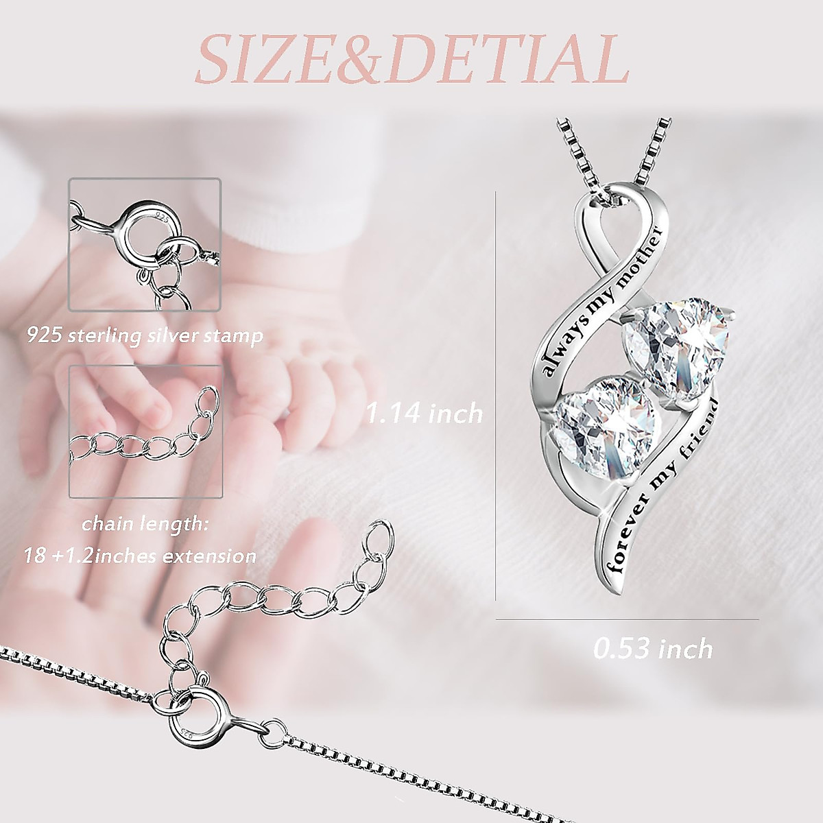 MUATOGIML Mothers Birthday Gifts 925 Sterling Silver Always My Mother Forever My Friend Love Heart Pendant Necklace,Mom Daughter Jewelry Gifts