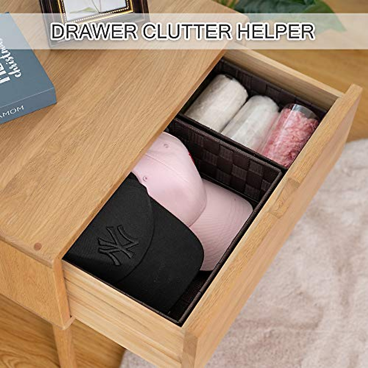 VK Living Woven Storage Box Basket Bin Container, Woven Strap Basket, Nylon Woven Box Basket, Underwear Bra Storage Organizer Divider for Drawer, Dresser, Closet, Black, Set of 4