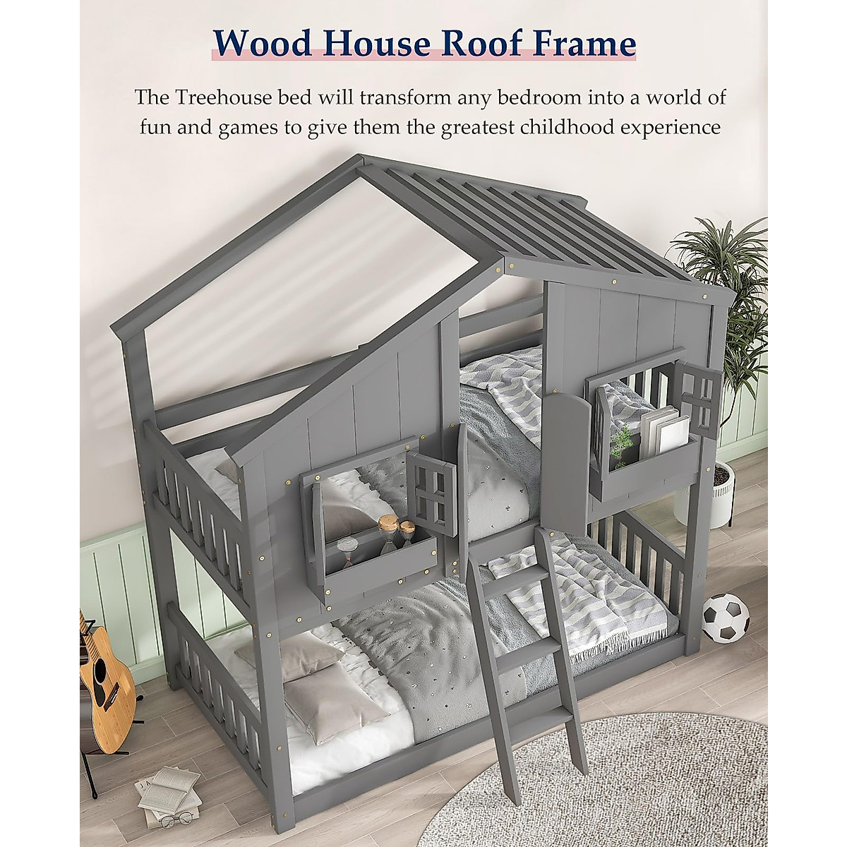 Tatub House Bunk Bed Twin Over Twin Floor Bunk Bed Wood Treehouse Bunk Bed with Ladder, Roof, Windows, Door and Storage, House Bunk Beds Frame for Kids Teens