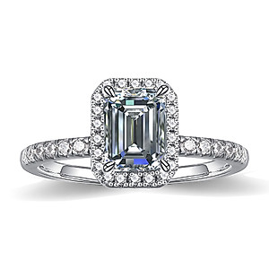 MOOSEA 1.5ct Emerald Cut Moissanite Promise Rings for Her, D Color VVS1 Clarity Lab Created Diamond Wedding Rings 14K White Gold Vermeil Moissanite Engagement Rings for Women Gifts