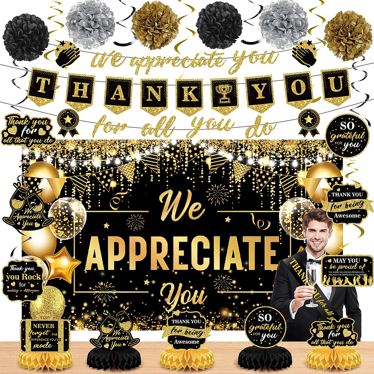 We Appreciate You Decorations Black Gold Thank You for All You Do Banner Honeycomb Centerpieces Hanging Swirls Employee Staff Appreciation Gifts Pastor Teacher Appreciation Fathers Day Party Decor