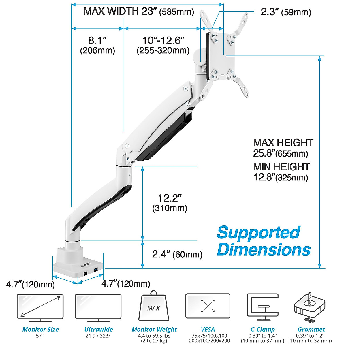 AVLT Single 17"-57" Super Ultrawide Monitor Arm for Screens Up to 59.5 lbs, Premium Aluminum Desk Stand, Adjustable Pneumatic Height, Full Motion Swivel Tilt Rotation, USB-C & USB-A Ports, White