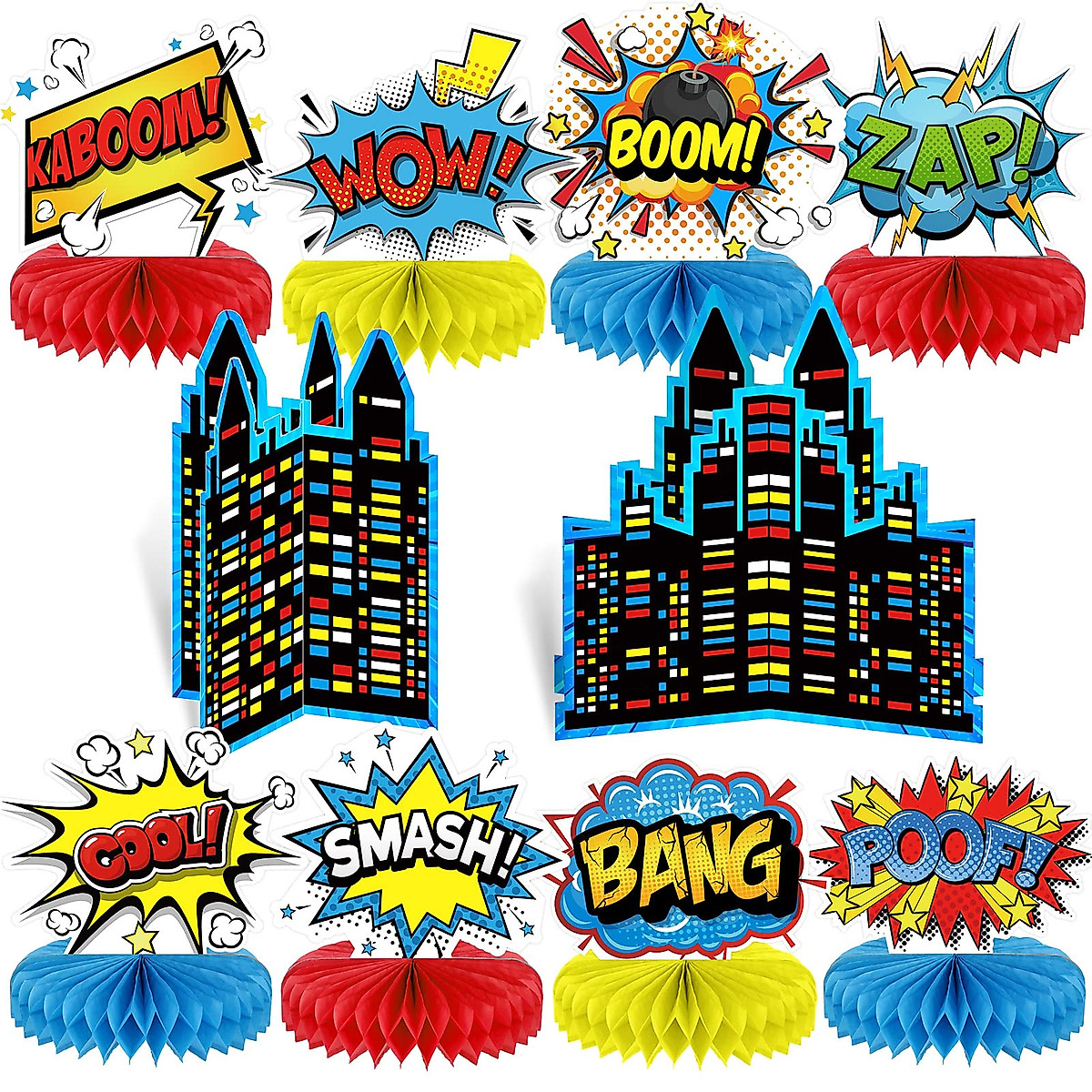 Set of 10 Hero Themed Party Decoration hero Honeycomb Centerpieces Hero Action Sign Table Centerpiece Fun Hero Theme Party Table Topper Decor for Happy Birthday Baby Shower Party Supplies Favor