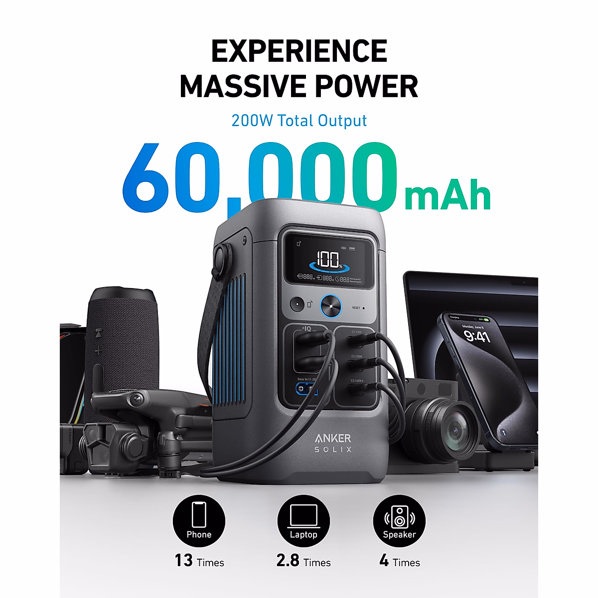 Anker SOLIX C200 DC Power Bank Station (60,000mAh), 192Wh Portable Power Station, LiFePO4 Battery, 200W Solar Generator, for Outdoor Camping, Traveling, and Emergencies (No Wall Charger Included)