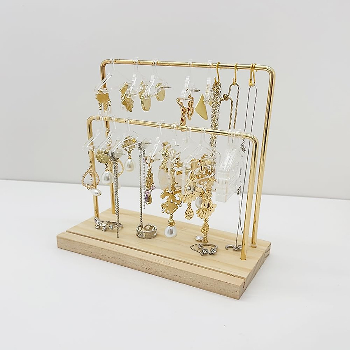 Lemonades Earring Hanger Holder Rack Tabletop Jewelry Display Stand, Unique 2-Layers Metal Hanging Earring Towers Mini Earring Holder with Wood Base