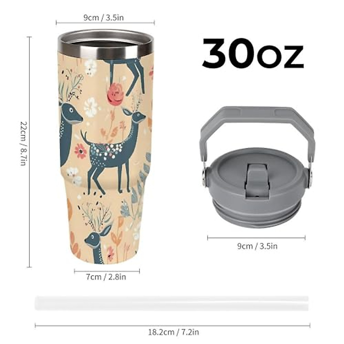 30oz Stainless Steel Insulated Tumbler with Flip Lid & Straw, Leakproof Travel Mug for Car, Deer Pattern Double Wall Vacuum Thermal Coffee Cup with Handle, Spill-Proof Design for Hot/Cold Drinks