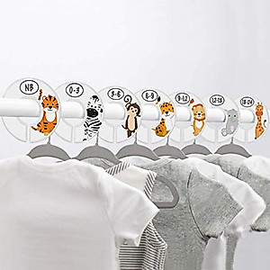 Baby Closet Size Dividers - 7X Safari Nursery Closet Dividers for Baby Clothes - Elephant Giraffe Zebra Lion Monkey Cheetah Nursery Decor - Baby Closet Dividers for Boy or Girl - [Safari] [White]