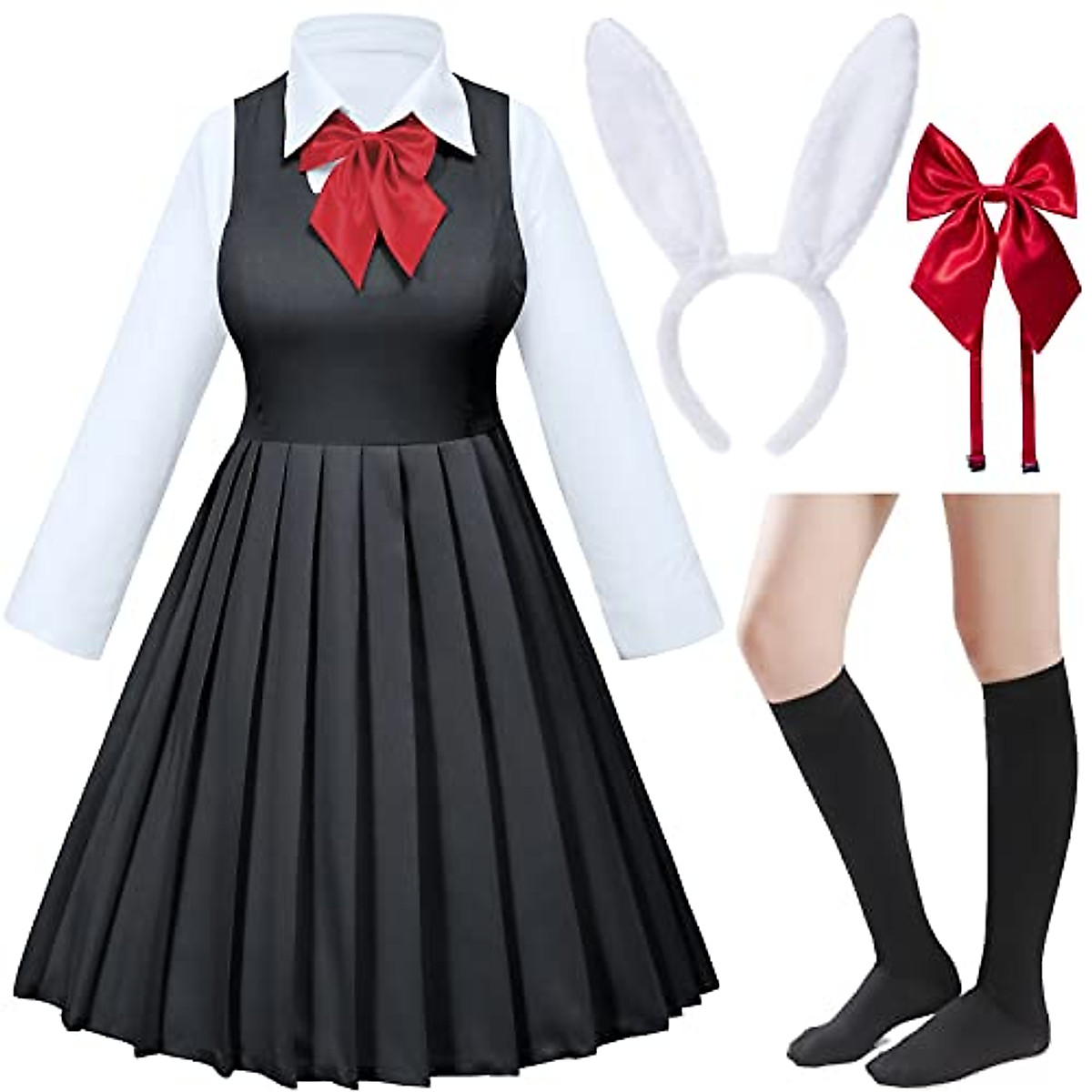 Classic Japanese School Girls Sailor Suit Dress Shirt Skirt JK Kawaii Anime Bunny Ears Cosplay Costumes Socks Bow Set Black XL