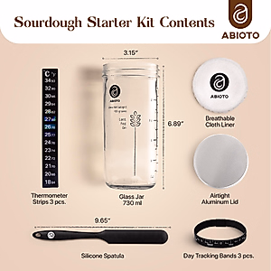 Sourdough Starter Kit, Includes 24 oz Sourdough Starter Jar with Metallic Lid, Silicone Spatula, Feeding Tracker, Extra Thermometer Strips & Breathable Covers – A Perfect Sourdough Bread Starter Kit