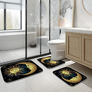 Sun and Moon Bathroom Rugs and Boho Chic Art Stars Over Blue Black Sky Mats Sets 3 Piece, Velvet Memory Foam Antique Style Bath Mat, Large Small and U-Shaped Contour Shower Mat Non-Slip Washable