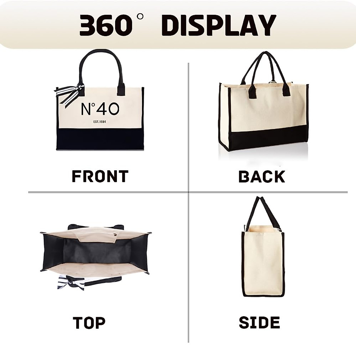 QLSKO 40th Birthday Gift Canvas Tote Bag for Women,N°40 EST.1984 Keepsake Beach Bag 40 Party Birthday Present supplies for Her (40th Basic)