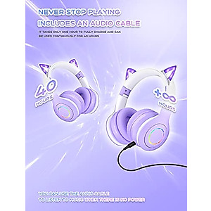 VuyKoo Bluetooth Headphones with Microphone/RGB LED Light Up, Cat Ear Wireless Headphones, Stereo Gaming Headset for Cellphone/PC/Laptop/Tablet/TV Kids Girls & Boys Teens/Birthday Gift (Purple)