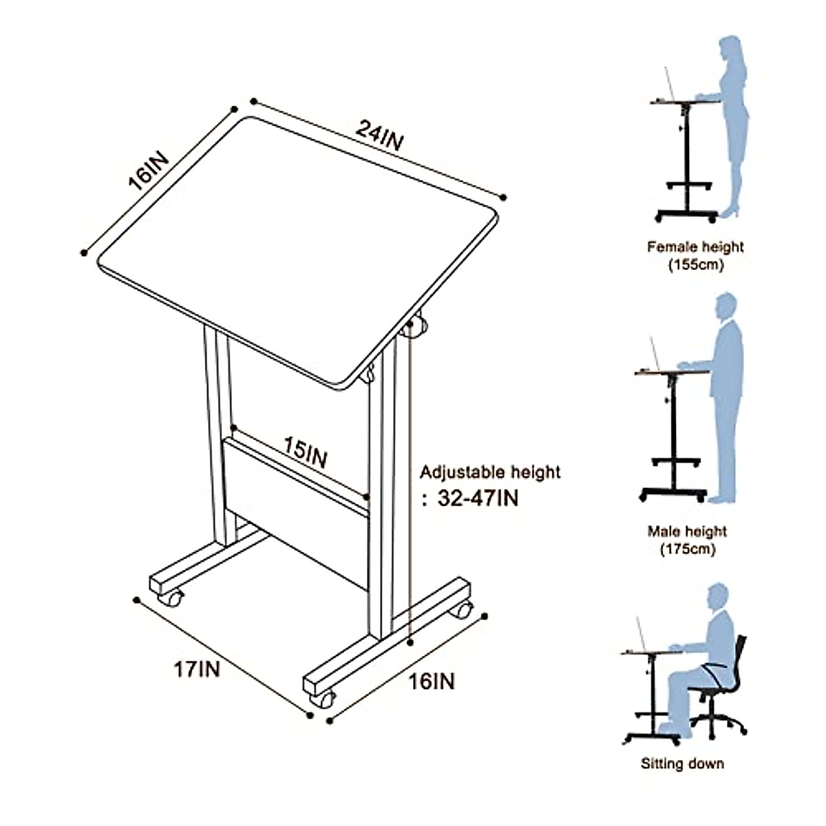 KOUPA Adjustable Height Standing Desk, Writable Tempered Glass Desktop with Eraser, 360° Flip, Wheels – Ideal for Small Spaces and Home Offices, 24 in, White(Adjustable Height: 32-47 in)