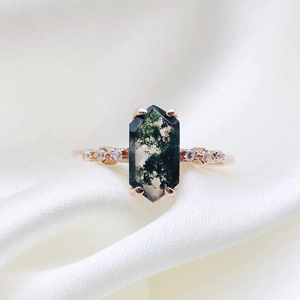 Natural Moss Agate Ring For Women Pear Hexagon Shaped Gold Ring Silver Ring Delicate Ring Stacking Ring Promise Ring For Women's Birthday Gift By FOREVER GEMS & JEWELS, Rose Gold,White,Green,Silver