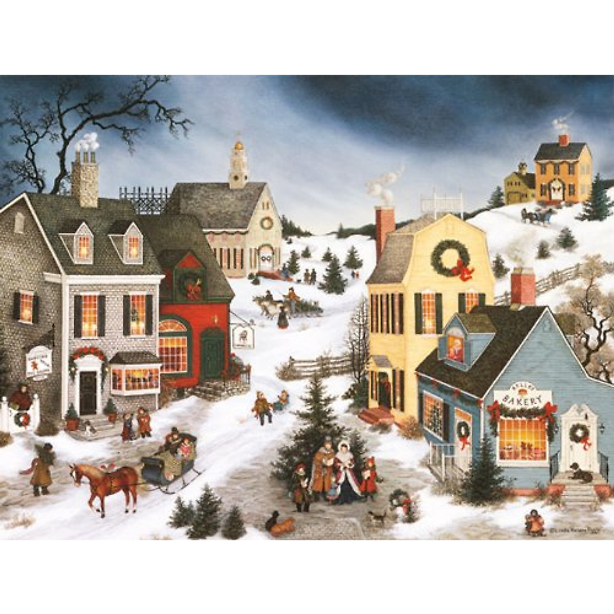LANG "Caroling in the Village", Boxed Christmas Cards, Artwork by Linda Nelson Stocks, 18 Cards & 19 Envelopes, 5.375" x 6.875" (1004980)
