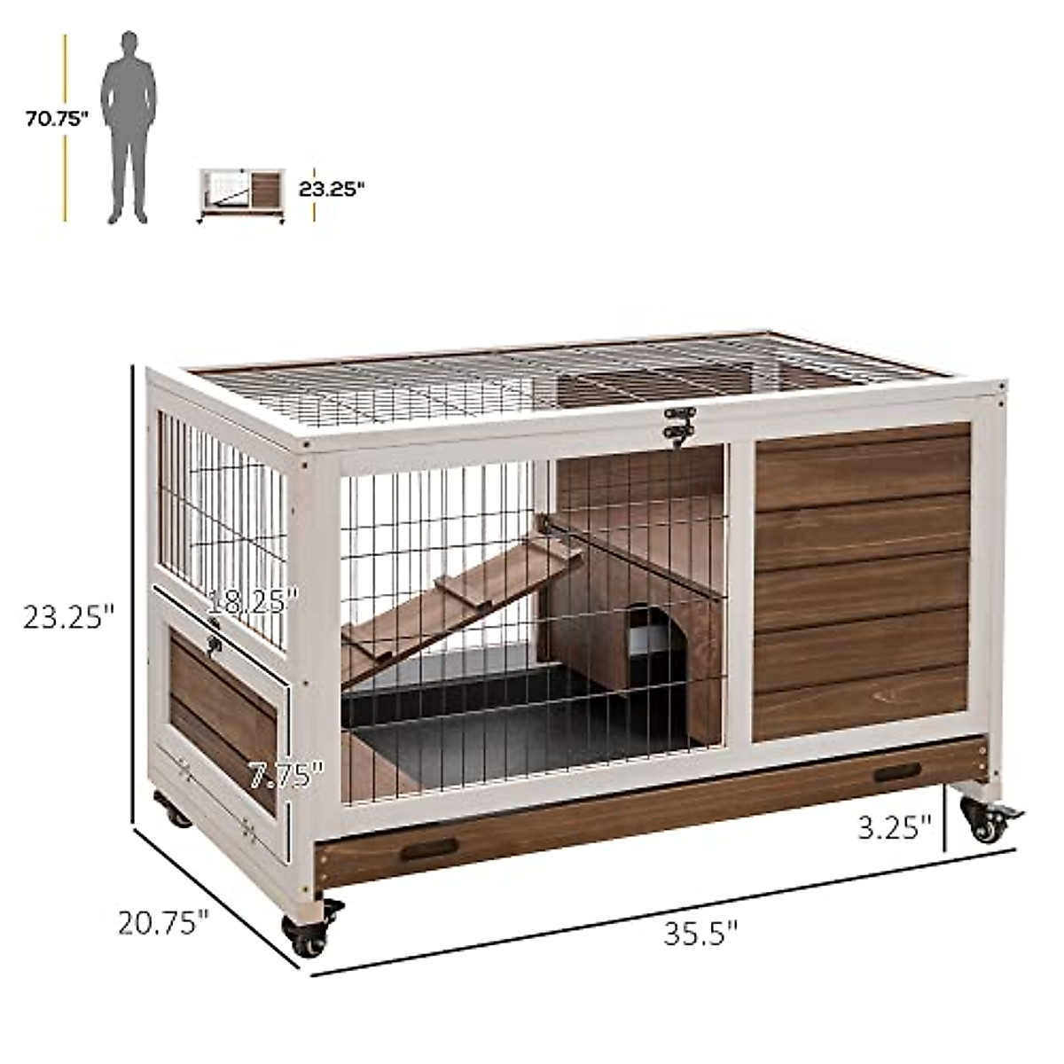 PawHut Wooden Indoor Rabbit Hutch Elevated Cage Habitat with No Leak Tray Enclosed Run with Wheels, Ideal for Rabbits and Guinea Pigs, Brown