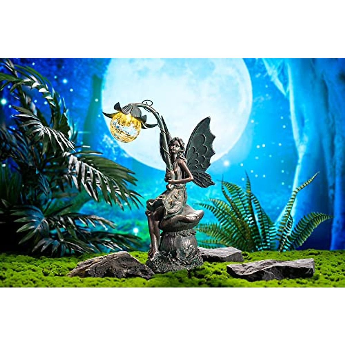 TERESA'S COLLECTIONS Garden Statues Fairy Sculptures & Statues, Solar Garden Figurines Outdoors Decor, Patina Bronze Garden Art for Yard Decor 13.8 Inch