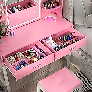 armocity Vanity Desk with Mirror and Light, Makeup Vanity with Cushioned Stool, Vanity Table Set with 3 Color Lighting Options, Modern Dressing Table with 2 Storage Drawers for Bedroom, Pink