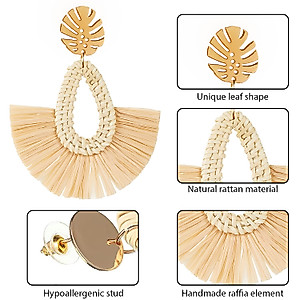 meekoo 4 Pairs Rattan Earrings for Women Beach Essentials Tassel Dangle Boho Straw Earrings(Novel)