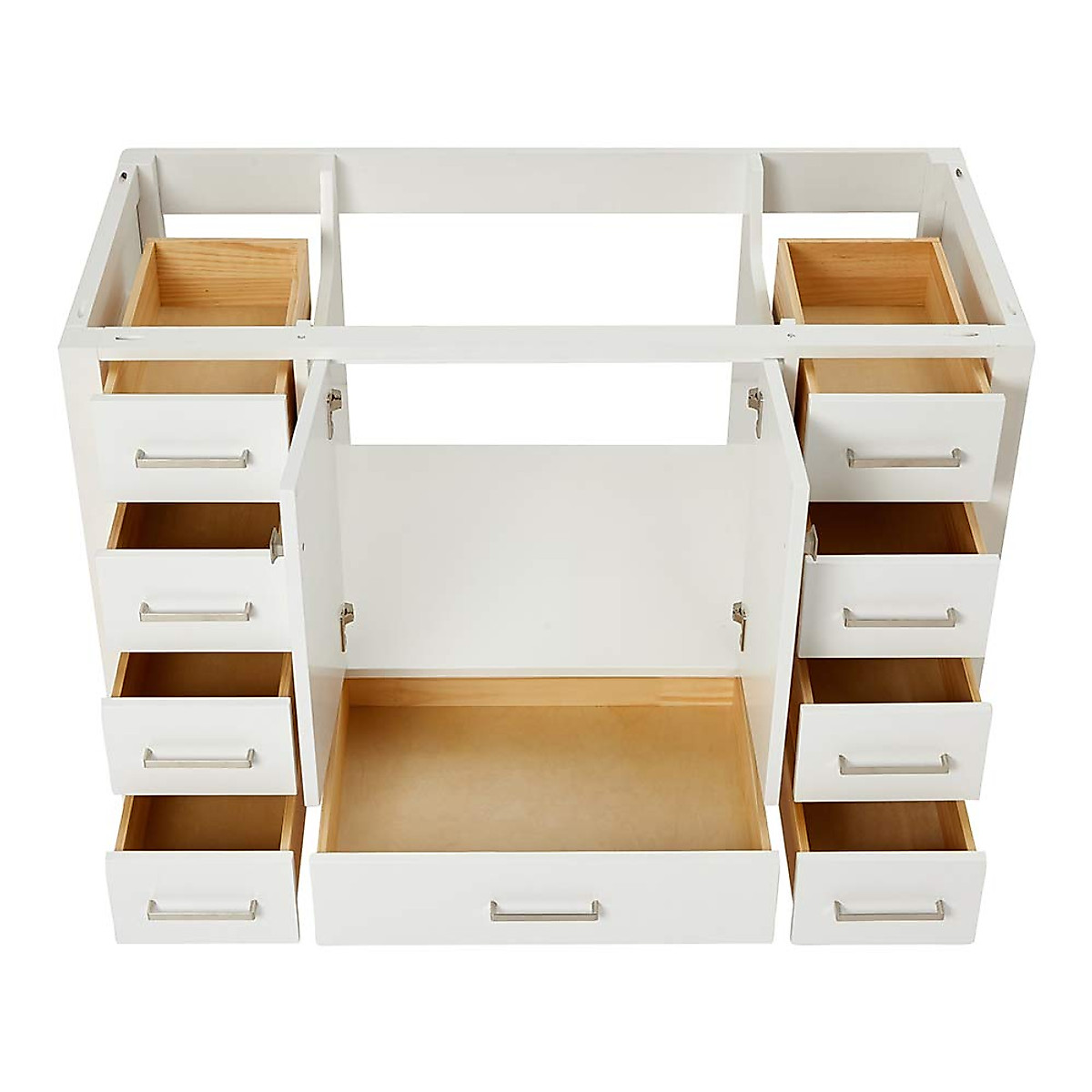 ARIEL 48" White Bathroom Vanity Base Cabinet, Single Sink Configuration, 2 Soft Closing Doors, 9 Full Extension Dovetail Drawers, Brushed Nickel