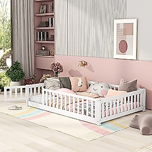 Harper & Bright Designs Full Floor Bed for Kids, Montessori Frame with Fence and Door, Wooden Full Platform Boys Girls, Slats Included, No Box Spring Needed (Full Size, White) White With Slats