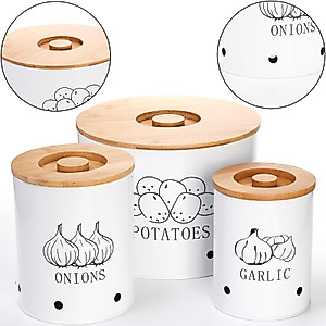 WUWEOT 3 Pack Vegetable Storage Tins, Round Metal Potato Onion Garlic Storage Bins, Farmhouse White Kitchen Canisters Vegetable Fresh Keeper Set with Bamboo Lids and Aerating Holes