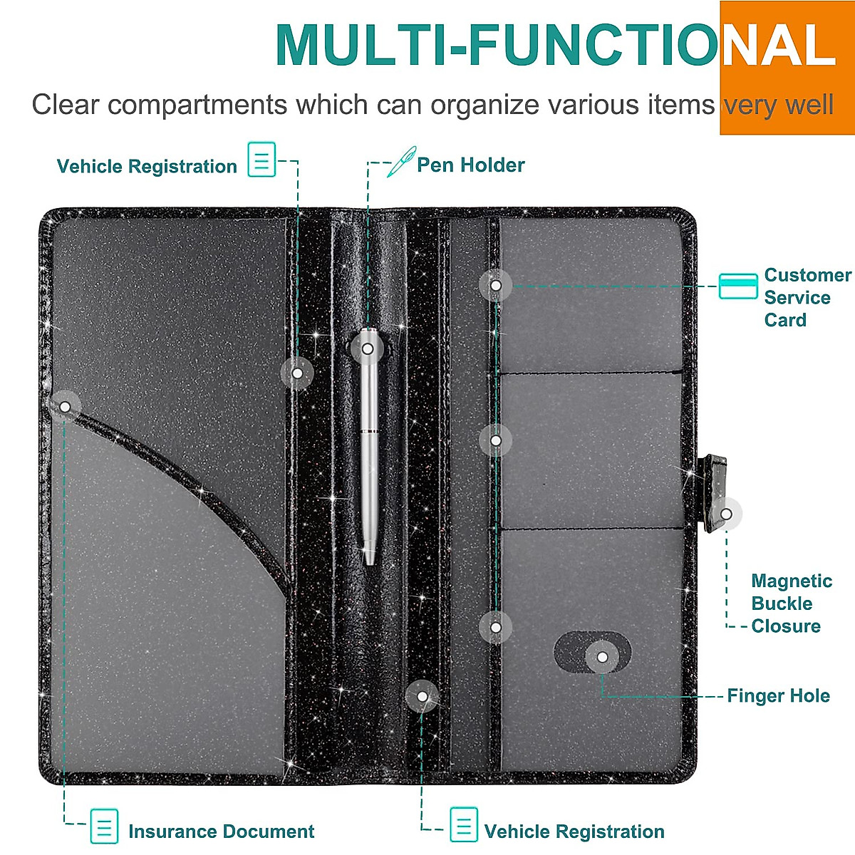 RSAquar unisex Car Registration and Insurance Holder, Vehicle Glove Box Organizer Cool Car Accessories, Car Document Holder for Cards, Driver License and Essential Document, Black Glitter