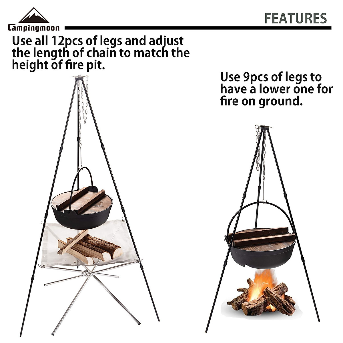 CAMPINGMOON Camping Campfire Tripod with Carrying Bag Portable Lightweight Aluminum 41.3-inch Height Stainless Steel Chain