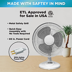 EZ-CHILL 12” 3-Speed Oscillating Table Fan with Adjustable Tilt, Convenient Push Button Controls, Quiet Operation, White, SB-MTSH05
