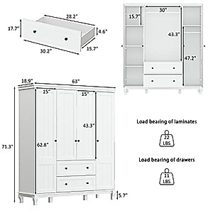 DiDuGo Modern Bedroom Armoire 4 Door Wardrobe, Armoire Wardrobe Closet with Drawers & Shelves and Doors, Hanging Rod, Armoire Closet for Bedroom White (63”W x 18.9”D x 71.3”H)