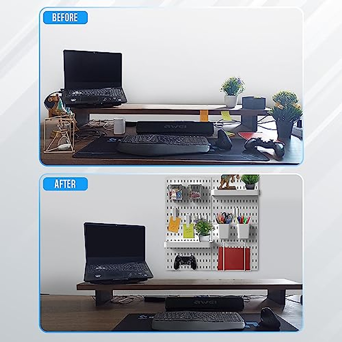 BeyondNovelties Pegboard Wall Organizer, Peg Board set Containing Pegboard x4 and 16 Accessories, Peg Boards for Walls, Office Wall Organizer, Keys Holder on Wall, Office Storage, 22"x22"