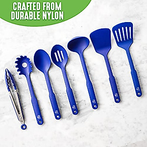 GreenLife Cooking Tools and Utensils, 7 Piece Nylon Set including Spatulas Turner Spoons and Tongs, Dishwasher Safe, Blue