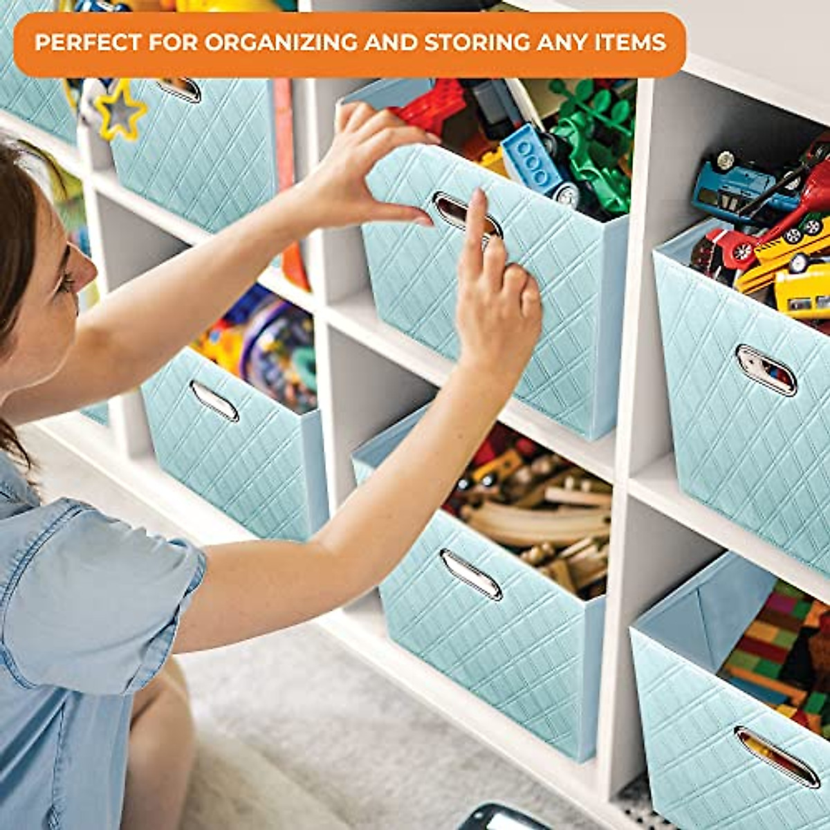 JIAessentials Medium 12-inch Blue Foldable Diamond Patterned Faux Leather Storage Cube Bins Set of Four with Handles with Dual Handles for living room, bedroom and office storage