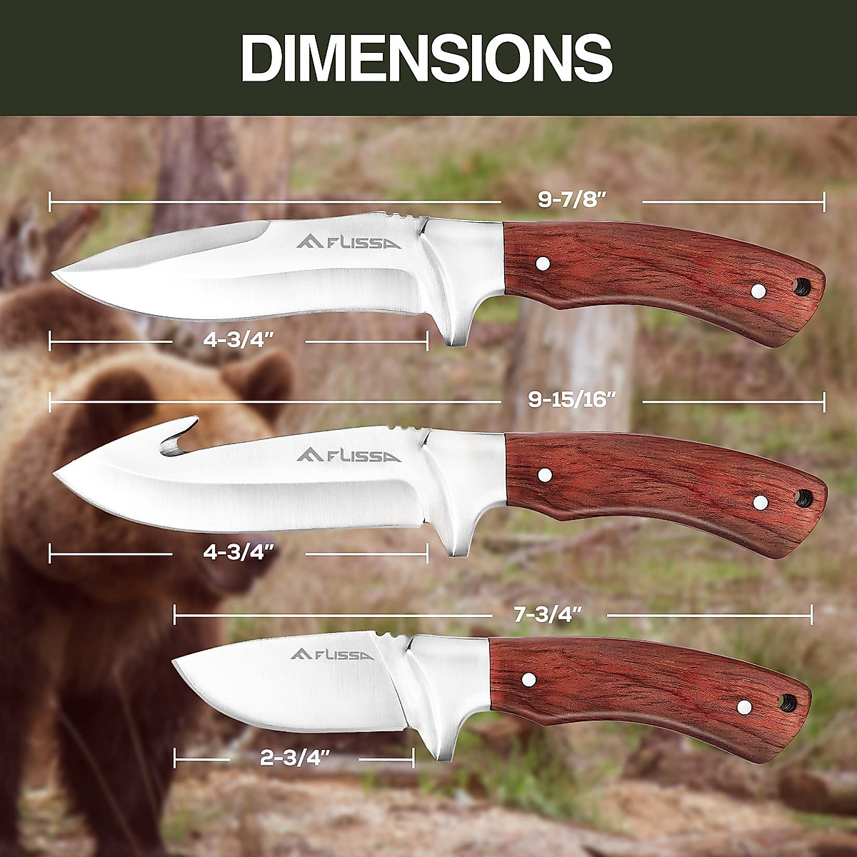 FLISSA Hunting Knife Set, Full Tang Hunting Knife with Sheath, 3-Pieces Fixed Blade Knife, Hunting Survival Knives For Outdoor, Camping, Bushcraft